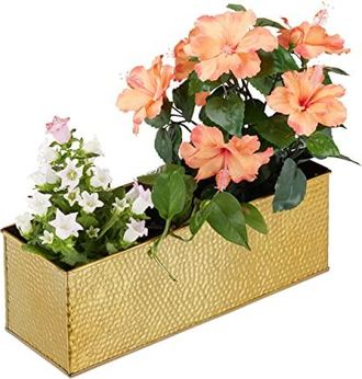 Relaxdays Blumenkasten für Innen, Pflanzkübel, Metall Kübel für Blumentöpfe und Kräuter, rechteckiger Blumenkübel, gold, 13,50 x 40,00 x 12,50cm