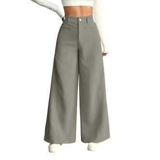 Generic Pantalon en velours c&ocirc;tel&eacute; pour femme - Jambes larges - Pantalon de travail - Coupe ample - D&eacute;contract&eacute; - Taille &eacute;lastique - 33, gris, XXL