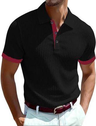 Generic DENGJIAMY Polo en tricot pour homme tendance &agrave; col montant T-shirt &agrave; manches courtes d&eacute;contract&eacute; pour affaires de golf pour homme Patchwork d&eacute;t&eacute;, Noir