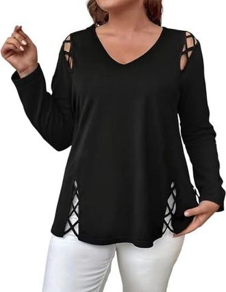 Generic Hauts grande taille pour femme, tunique longue, d&eacute;contract&eacute;e, style croix, couleur pure, coupe ample, col en V, chemisier de f&ecirc;te r&eacute;tro pour sortir, N