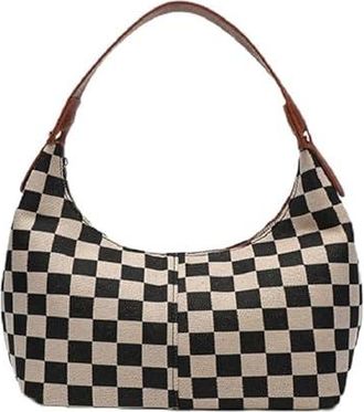 Generic Sac &agrave; bandouli&egrave;re &agrave; carreaux pour femme avec fermeture &eacute;clair argent&eacute;e - Noir et blanc - Sac &agrave; main Hobo - Sac &agrave; main pour se d&eacute;placer - Multifonction