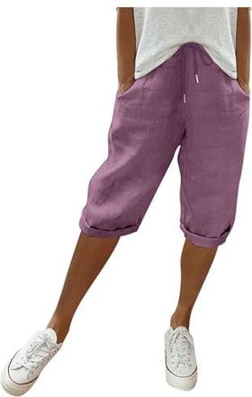 Generic Short Lin Coton Femme &Eacute;t&eacute; Chic Large Fluide Shorts et Bermudas Habill&eacute; Femmes Grande Taille &Eacute;lastique avec Poches Confortable Ample Mode Casual Sport 