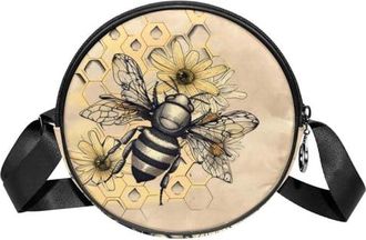 Generic Petit sac &agrave; bandouli&egrave;re rond pour femme, sac &agrave; bandouli&egrave;re rond d&eacute;contract&eacute; avec fermeture &eacute;clair, bretelles r&eacute;glables, motif floral et abeille