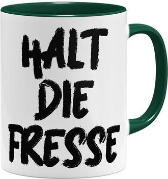 OM3 lustige Tasse mit Spruch - Halt die Fresse - Statement | Keramik Becher | 325ml | Beidseitig Bedruckt | Gr&uuml;n