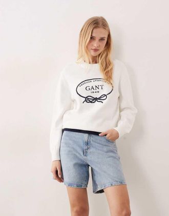 GANT Sweat ras de cou &agrave; logo vintage &agrave; lavant - Blanc coquille doeuf