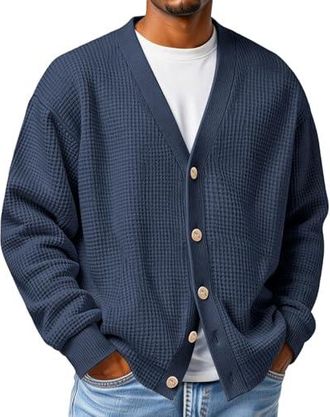 Generic Cardigan d&eacute;contract&eacute; et ample en tricot torsad&eacute; avec col en V et col en V pour homme, l&eacute;ger, bleu marine, XXL