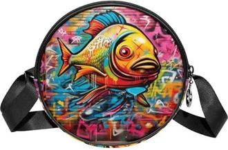 Generic Sac &agrave; bandouli&egrave;re rond pour femme, motif graffiti poisson, petit sac &agrave; bandouli&egrave;re avec fermeture &eacute;clair, bretelles r&eacute;glables, sac &agrave; main rond d&eacute;contr