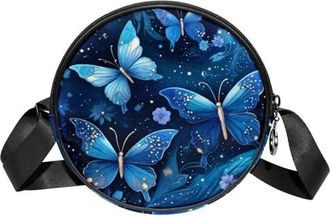 Generic Petit sac &agrave; bandouli&egrave;re rond pour femme, motif papillons et galaxie, avec fermeture &eacute;clair, bretelles r&eacute;glables, style d&eacute;contract&eacute;, pour femmes et fil