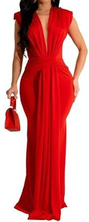 Generic Robe élégante sans Manches pour Femme, décolleté en V Profond, Moulante, Sexy, Robe de soirée Formelle, Longueur au Sol