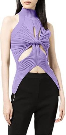 Generic Débardeur décontracté pour femme 2025 sexy en tricot ajouré sur le devant sans manches col haut, violet, M