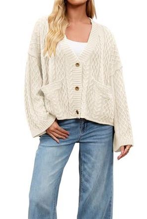 Generic Cardigan dhiver ample en tricot torsad&eacute; de couleur unie avec poches, v&ecirc;tement dext&eacute;rieur ample ouvert sur le devant pour femme, abricot, XL