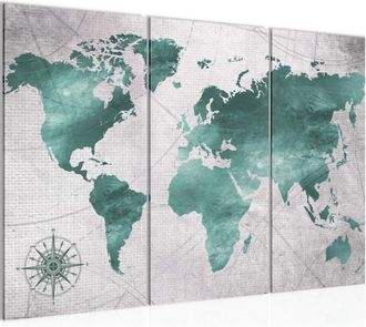 Runa Art Wandbilder Weltkarte Bild XXL B&uuml;ro Wohnzimmer Gr&uuml;n Grau Vintage 120 x 80 cm 3 Teilig 026031c