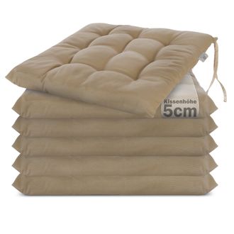 Brandsseller 6er Set Stuhlkissen 40x40x5 cm Sitzkissen Polster Stuhlauflage mit Halteb&auml;ndern Dekokissen f&uuml;r Indoor Outdoor gesteppt - Taupe