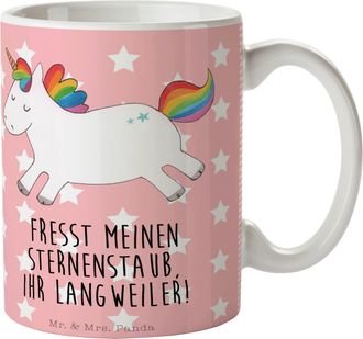 Mr. & Mrs. Panda Tasse Einhorn Happy - Geschenk, Unicorn, Einh&ouml;rner, gl&uuml;cklich, Teetasse, Lachen, Becher, L&auml;cheln, Bedruckte, kaffeebecher bedruckt, Kaffeetasse