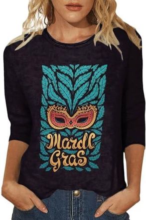 Generic Haut &agrave; manches 3/4 pour femme - Chemise de carnaval - Imprim&eacute; graphique - Col rond - &Eacute;l&eacute;gant et fin - D&eacute;contract&eacute; - Chemisier basique classique - Pour