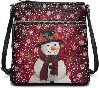 Coloranimal Sac &agrave; bandouli&egrave;re en cuir pour femme avec fermeture &eacute;clair, sac &agrave; main tendance et l&eacute;ger avec plusieurs poches, Cardinal Snowman Flocon de neige