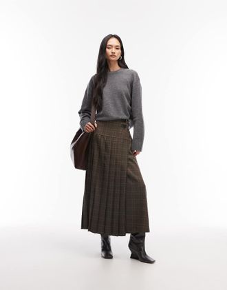 Asos Jupe mi-longue pliss&eacute;e en maille avec d&eacute;tail boucle - Carreaux marron-Multicolore