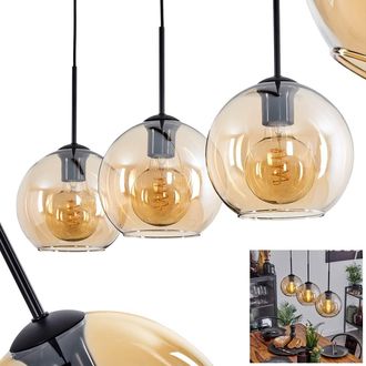 HOFSTEIN Hängeleuchte Koyoto, Hängelampe aus Metall/Glas in Schwarz/Bernsteinfarben, Leuchte 3-flammig im Vintage/Retro Design mit Schirmen aus Glas (Ø 20 cm),