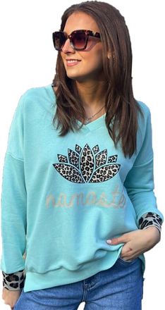 Miss Goodlife Damen Sweatshirt, Namaste Leo Print, MG11454, lightblue, XL