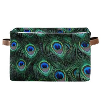 HMZXZ Rxyy Vogel Gr&uuml;n Pfau Gefieder Segeltuch Aufbewahrungsboxen Zusammenklappbar Spielzeuge Lager Bin mit VE Leder Griffe Aufbewahrungsk&ouml;rbe Veranstalter f