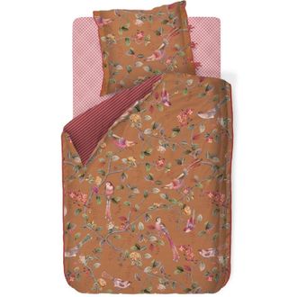 Pip Studio Bettwäsche Good Nightingale Ocker Gold Braun Blumen Zweige Vögel Blüten Baum Streifen Wendedesign Perkal, Größe:135 cm x 200 cm