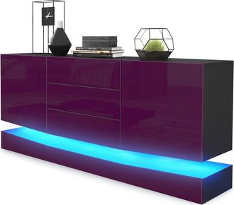Vladon Sideboard City, Made in Germany, Schwarz matt/Brombeer Hochglanz inkl. LED - Moderne Kommode für Ihr Wohnbereich (178 x 72 x 38 cm)