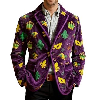 Generic Veste de costume pour homme en velours c&ocirc;tel&eacute; imprim&eacute; multicolore - Costume de carnaval - Motif Mardi Gras - Blazer - Tenue de f&ecirc;te - Vintage - Veste 