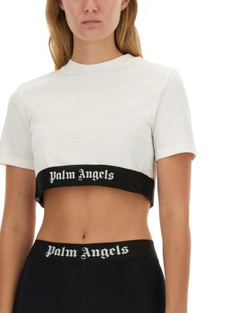 Palm Angels Logo-Embroidered Cropped T-Shirt - White