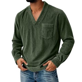 Generic Chemise &agrave; manches longues en velours c&ocirc;tel&eacute; pour homme - Col en V - Coupe ample - Style d&eacute;contract&eacute; et tendance, Vert kaki, 4XL
