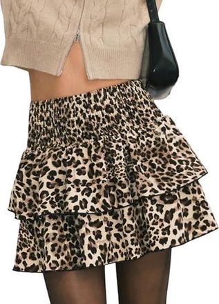 SOLY HUX Y2K Y2K Mini jupe à volants pour femme - Taille haute - Décontractée - Motif léopard - Jupe dété - Tenue de festival, Effet léopard, M