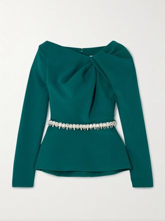 SAFiYAA Manya Bluse Aus Stretch-cr&ecirc;pe Mit Sch&ouml;&szlig;chen, Kristallen Und G&uuml;rtel - Blau