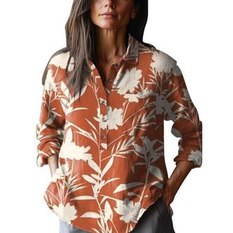 Generico Chemise Femme &Eacute;l&eacute;gant &agrave; Manches Longues Chemisier Coton Et Lin Curvy Respirant T Shirt Col en V Doux Chemises Vintage Fantaisie avec Boutons L&eacute;ger Blo