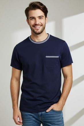 Trendyol MAN Herren Dunkelblau Gestreift Kurz Regular Fit T-Shirts
