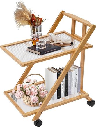 Generic Küchenwagen, faltbares 2-stöckiges Bodenregal auf Rädern, tragbarer Mehrzweckwagen für einfache Organisation in Wohnzimmer, Schlafzimmer, Küche