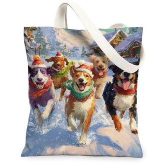 Generic Sac fourre-tout en toile pour chiens de No&euml;l - Motif animal color&eacute; - R&eacute;utilisables - L&eacute;ger - Lavable - Pour voyage, pique-nique - 33 x 38 cm