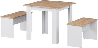 Vicco Esstisch Set Sentio, Wei&szlig;/Goldkraft Eiche, 80 x 80 cm mit 2 B&auml;nken