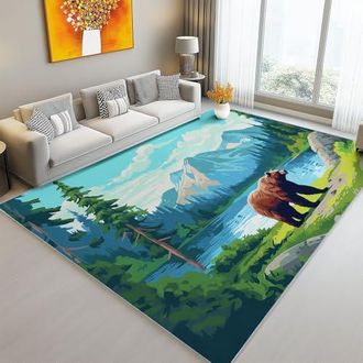 Generic Tapis Imprim&eacute; Dessin anim&eacute; Ours Bord de lac pour Salon Chambre D&eacute;coration de la Maison - Bleu Flanelle Antid&eacute;rapante Tapis Salon de Sol paillasson 120