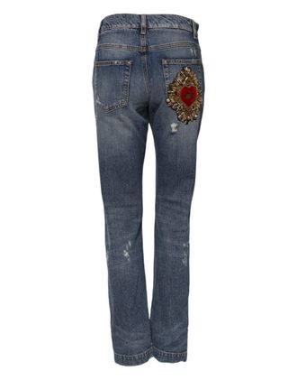 Dolce & Gabbana Womens Blue Cotton Tattered Mid Waist Denim Jeans Clothing