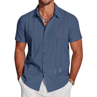 Generic Chemise pour homme Cuba Guayabera exquise brod&eacute;e boutonn&eacute;e sur le devant, chemise d&eacute;contract&eacute;e d&eacute;t&eacute; pour la plage, le camping, bleu, 3XL