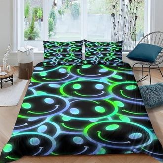 Generic Housse de Couette 140x200 Smiley Fluorescent Imprim&eacute;e 3D Art Abstrait Parure de Lit 1 Personne Doux Microfibre Literie avec 2 Taies Doreillers 65x65 c