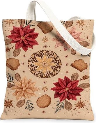 Generic Sacs fourre-tout en toile &agrave; motif floral de No&euml;l, sacs r&eacute;utilisables &eacute;l&eacute;gants vintage, l&eacute;gers et lavables en toile pour Tra, beige, 13x15 Inch