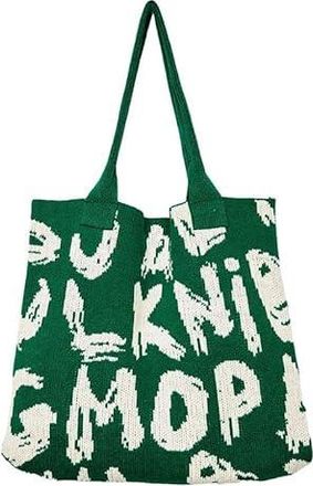 Generic Garhomtur Sac fourre-tout en tricot avec lettres imprimées pour femme Style bohème Sac à main de plage Sac Hobo Sac à bandoulière, Vert et blanc