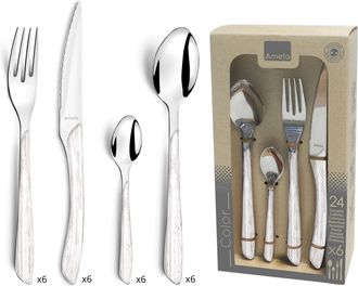 Amefa ECLAT Besteck Set NATURE Wei&szlig; Holz Essbesteck 24-teilig f&uuml;r 6 Personen Edelstahl rostfrei Kunststoff-Griffschalen in Holzoptik sp&uuml;lmaschinenfest Beste
