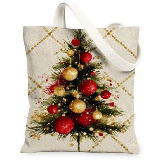 Generic Sac fourre-tout en toile motif sapin de Noël, sacs de courses réutilisables, élégants, légers et lavables avec bandoulière en toile, Rouge, 13x15 Inch