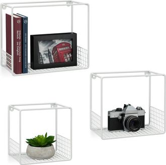 Relaxdays Wandregal im 3er Set, f&uuml;r Wohnzimmer, modernes Gitter-Design, Cube, eckiges Wandboard, Metall, 15cm tief, wei&szlig;
