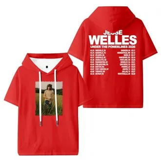 Generic Jesse Welles Under The Powerlines Tour 2026 T-shirts &agrave; capuche unisexe &agrave; manches courtes V&ecirc;tements d&eacute;contract&eacute;s, Rouge, XXL