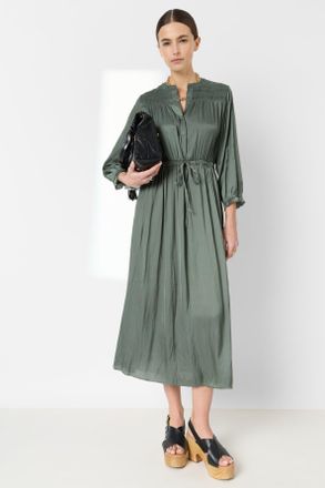Gerard Darel Robe midi en satin &agrave; smocks - RUBIE - Vert Kaki