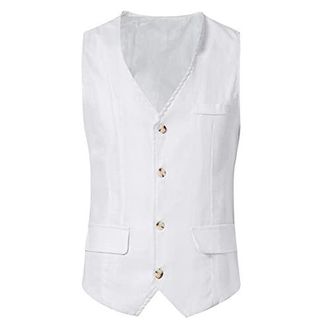 Generic Gilet en lin pour homme avec bouton unique, col en V, l&eacute;ger et d&eacute;contract&eacute;, gilet polyvalent et confortable, gilet classique uni avec poches, blanc, X