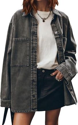 Generic Veste en jean d&eacute;contract&eacute;e pour femme - Coupe ample - Manches longues, gris fonc&eacute;, XXL