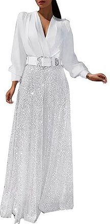 Generic Salopette Femme- Combinaison &eacute;L&eacute;Gante Compos&eacute;E DUne Chemise Et DUn Pantalon &agrave; Jambes Larges DUn Chemisier Sexy &agrave; D&eacute;Collet&eacute; Plongeant Et Manches Longue